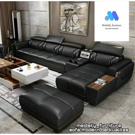 Jual Sofa Kulit Letter L Warna Hitam Sofa Minimalis Kursi Ruang Tamu Minimalis Modern Mewah