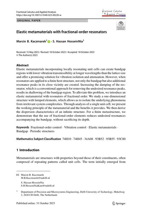 Pdf Elastic Metamaterials With Fractional Order Resonators