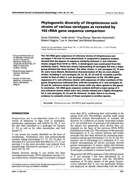 Pdf Phylogenetic Diversity Of Streptococcus Suis Strains Of Various Serotypes As Revealed By