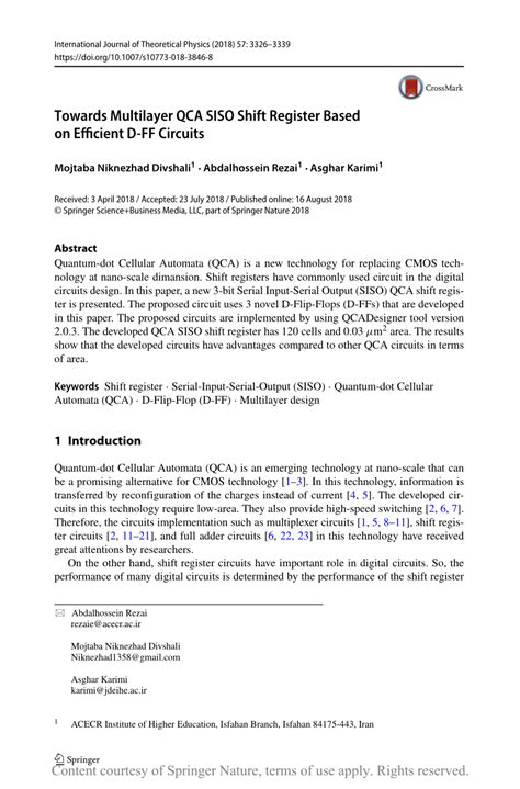 Towards Multilayer Qca Siso Shift Register Based On Efficient D Ff Circuits Request Pdf