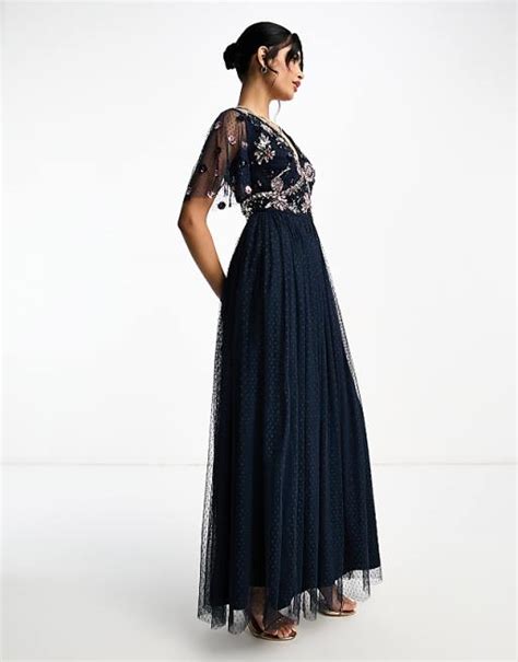 Maya Robe Longue Ornementée Avec Jupe En Tulle Bleu Marine Asos