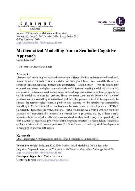 Pdf Mathematical Modelling From A Semiotic Cognitive Approach