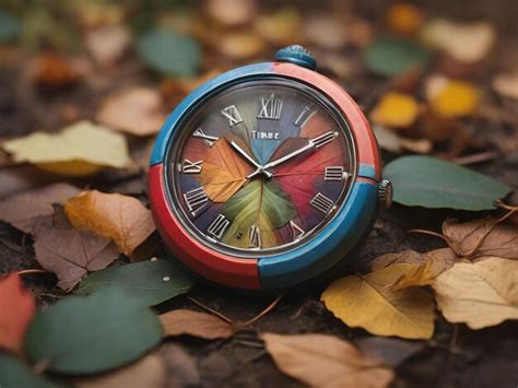 Premium Photo Round Colorful Timex Analog Clock Near Leaves
