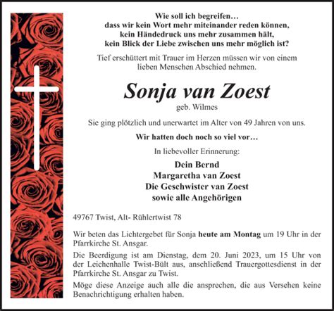 Traueranzeigen Von Sonja Van Zoest Noz Trauerportal