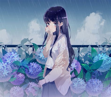 4507189 Anime Girls Sweater Rain Rooftops Original Characters