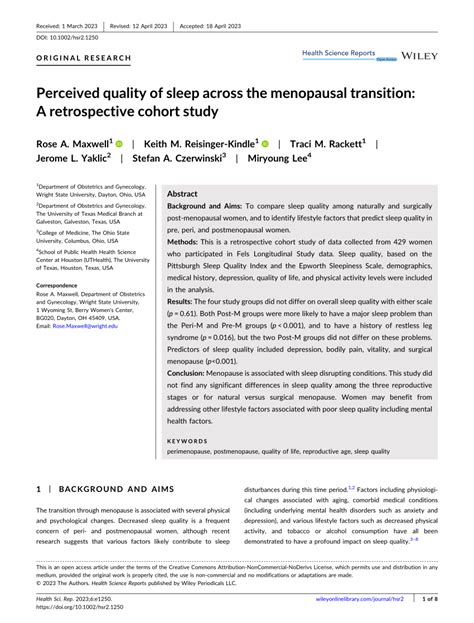 Pdf Perceived Quality Of Sleep Across The Menopausal Transition A