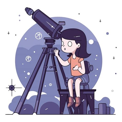 Premium Vector Girl Looking Through Telescope In Cartoon Style