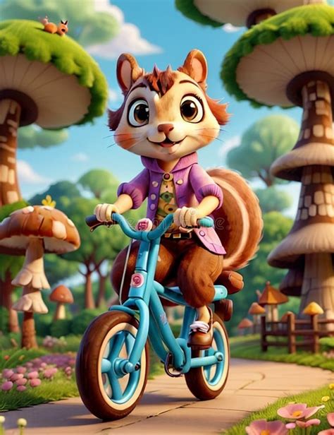 3d Animation Style Of A Cutr Squirrel Riding Bicycle In A Land Of