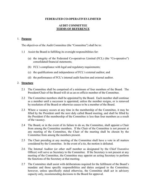 Audit Committee Terms Of Reference Co Op Connection