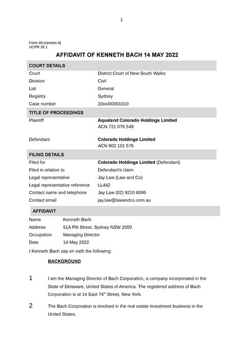 Ucpr Form V Submissions Form Version UCPR AFFIDAVIT OF KENNETH BACH