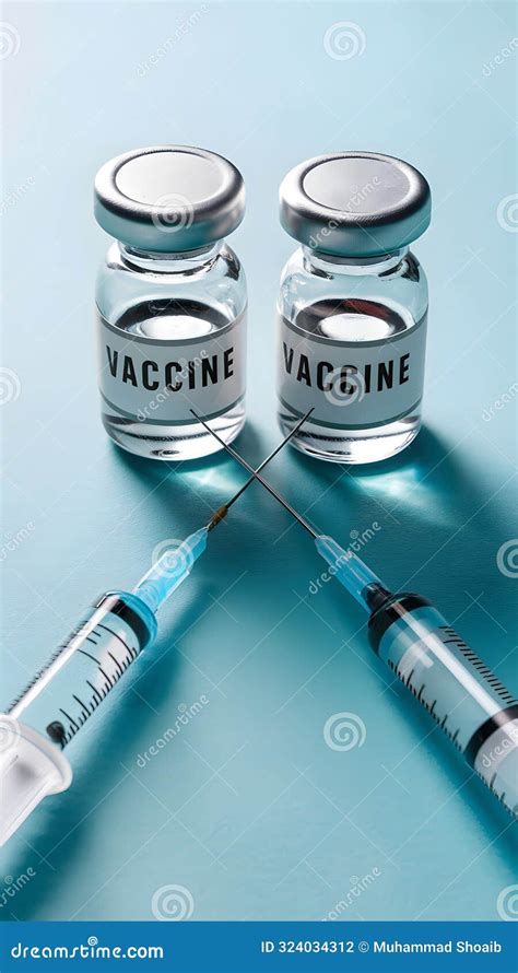 Vials Labeled Vaccine With Syringes On Light Blue Background Clinical Arrangement Stock