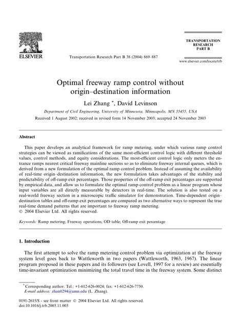 Pdf Optimal Freeway Ramp Control Without Origin Destination Information