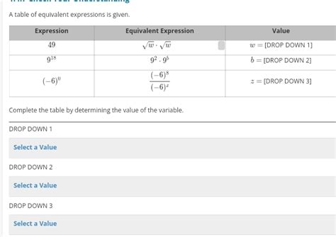 a table of equivalent expressions is given complete the table by