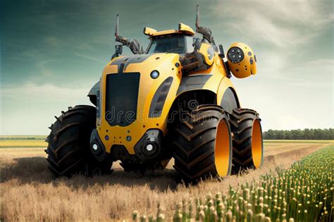 autonomous tractor working in field created with generative ai stock
