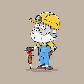Cute Miner Robot With Drill Tool Artificial Intelligence Mascot Mining