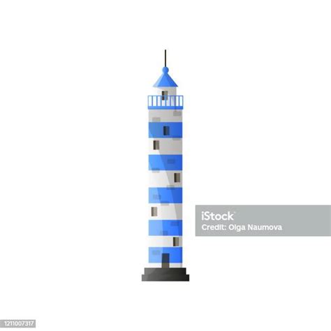 흰색 배경에 고립 된 평면 디자인의 그림자가있는 파란색 줄무늬의 흰색 등대 0명에 대한 스톡 벡터 아트 및 기타 이미지 0명 건설 산업 건축 Istock