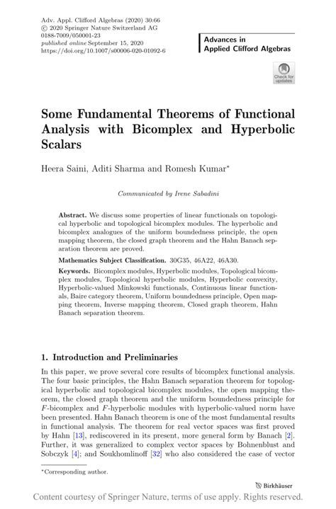 Some Fundamental Theorems Of Functional Analysis With Bicomplex And Hyperbolic Scalars Request Pdf