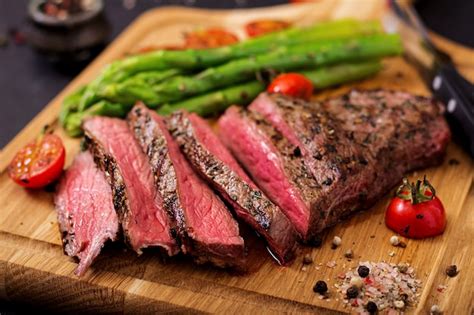 Juicy Steak Rare Beef With Spices On A Wooden Board And Garnish Of