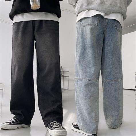 남녀공용 벌룬핏 커브 샌드브러쉬 데님 바지 와이드 청바지 에이블리