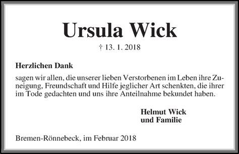 Traueranzeigen Von Ursula Wick Trauer And Gedenken