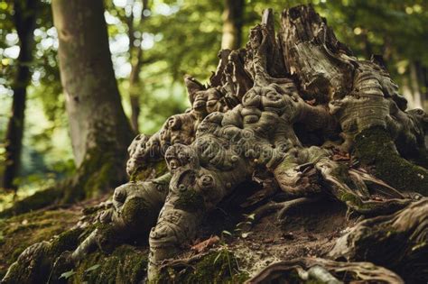 A Clump Of Tangled Roots Emerging From A Tree Trunk Stock Illustration