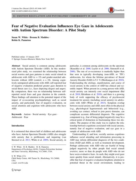 Pdf Fear Of Negative Evaluation Influences Eye Gaze In Adolescents With Autism Spectrum