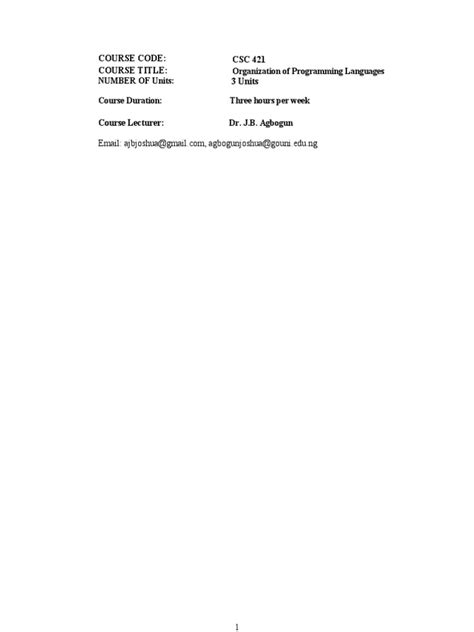 Course Code Course Title Csc 421 3 Units Pdf Parsing Variable