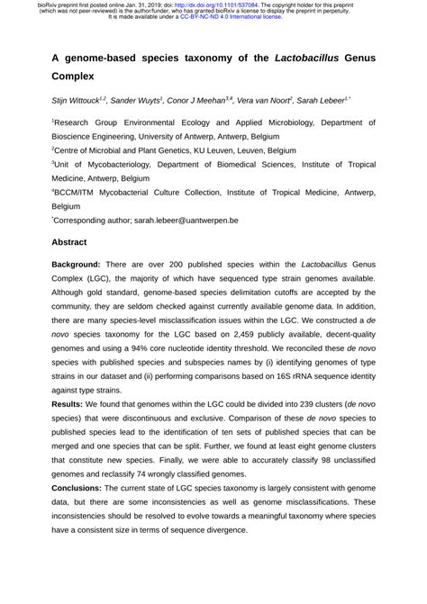 Pdf A Genome Based Species Taxonomy Of The Lactobacillus Genus Complex