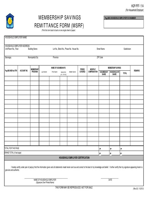 Hdmf Membership Savings Remittance Form Msrf Hqp Pff 114 V01
