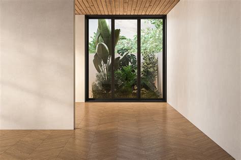 정원 3d 렌더링에 열린 문이 있는 현대적인 현대적인 로프트 빈 방 객실에는 쪽모이 세공 마룻바닥 나무 판자 천장이 있습니다 0