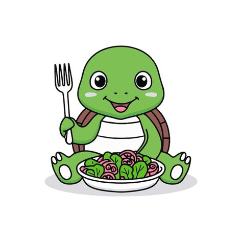 Simple Illustration Of Turtle Eating A Salad With Fork Premium Ai