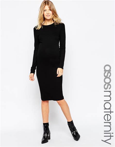 Asos Maternity Midi Bodycon Dress With Long Sleeves In Rib At