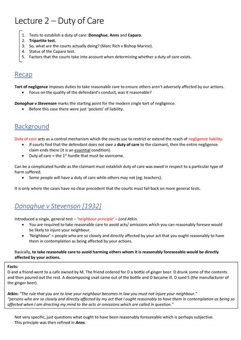 Duty Of Care Lecture 2 Notes Lecture 2 3 Duty Of Care Tests To