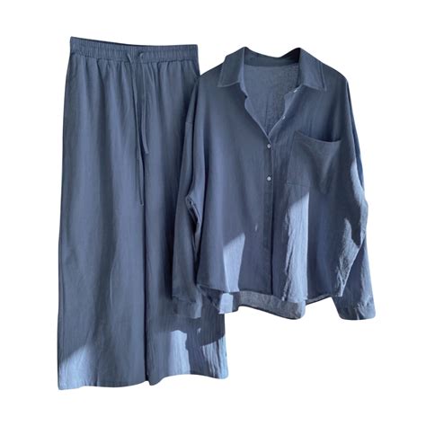 Blvb Cotton Linen 2 Pieces Outfits For Women Long Sleeve Button Down