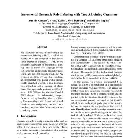 Incremental Semantic Role Labeling With Tree Adjoining Grammar Acl Anthology