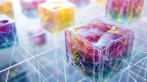 3d Wireframe Cubes Filled With Colorful Fluid Floating In A Digital Grid Generative Ai Stock