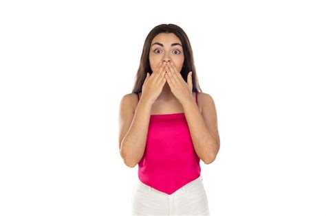 Premium Photo Portrait Of A Surprised Young Woman With Hands Over Her