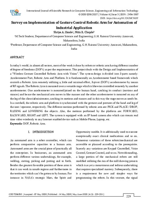 Pdf Survey On Implementation Of Gesture Control Robotic Arm For