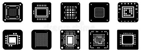 Chip Icon Cpu Symbol Set Of Black And White Microchip Icons Stock