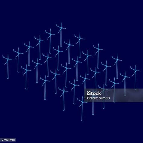 많은 수의 풍력 터빈이 있는 파란색 배경 풍력 터빈은 모두 일렬로 정렬되어 있으며 모두 같은 방향을 향하고 있습니다 Group A에 대한 스톡 벡터 아트 및 기타 이미지