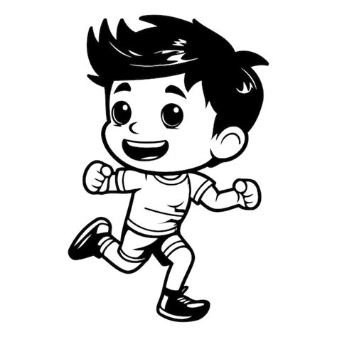 白い背景に隔離された少年が走っている漫画のベクトルイラスト プレミアムベクター