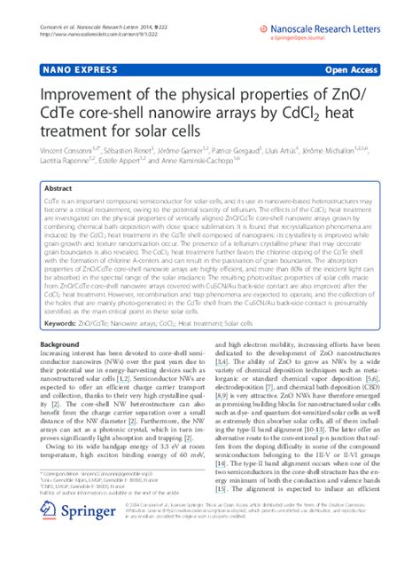 Pdf Improvement Of The Physical Properties Of Zno Cdte Core Shell Nanowire Arrays By Cdcl2