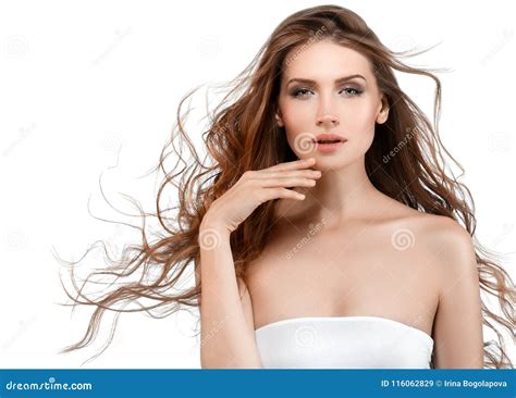 Beautiful Woman Brunette Red Lips Long Hair Healthy Beauty Skin Stock