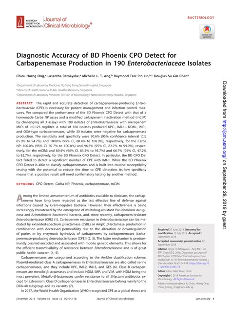 Pdf Diagnostic Accuracy Of The Bd Phoenix Cpo Detect For Carbapenemase Production In 190