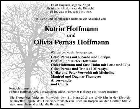 Traueranzeigen Von Katrin Und Olivia Pernas Hoffmann Trauer In NRW De