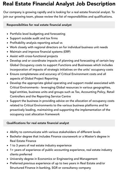 Real Estate Financial Analyst Job Description Velvet Jobs