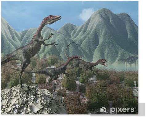 Self Adhesive Poster Prehistoric Scene With Compsognathus Dinosaurs