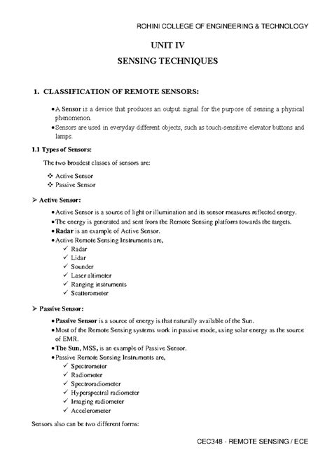 Unit Notes Unit Iv Sensing Techniques Classification Of Remote