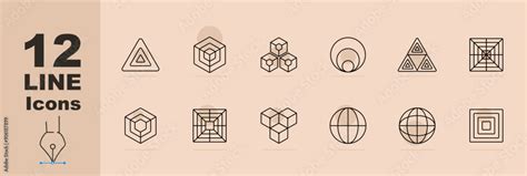 Geometric Set Icon Triangle Cube Hexagon Circular Arcs Nested Triangles Square Grid