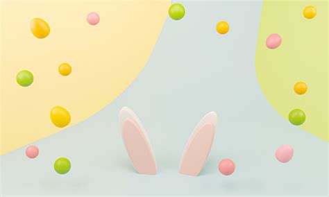 행복한 부활절 귀여운 만화 부활절 구성 토끼 귀와 섬세한 배경에 계란을 그린 3d 일러스트레이션 봄에 대한 스톡 사진 및 기타 이미지 Istock